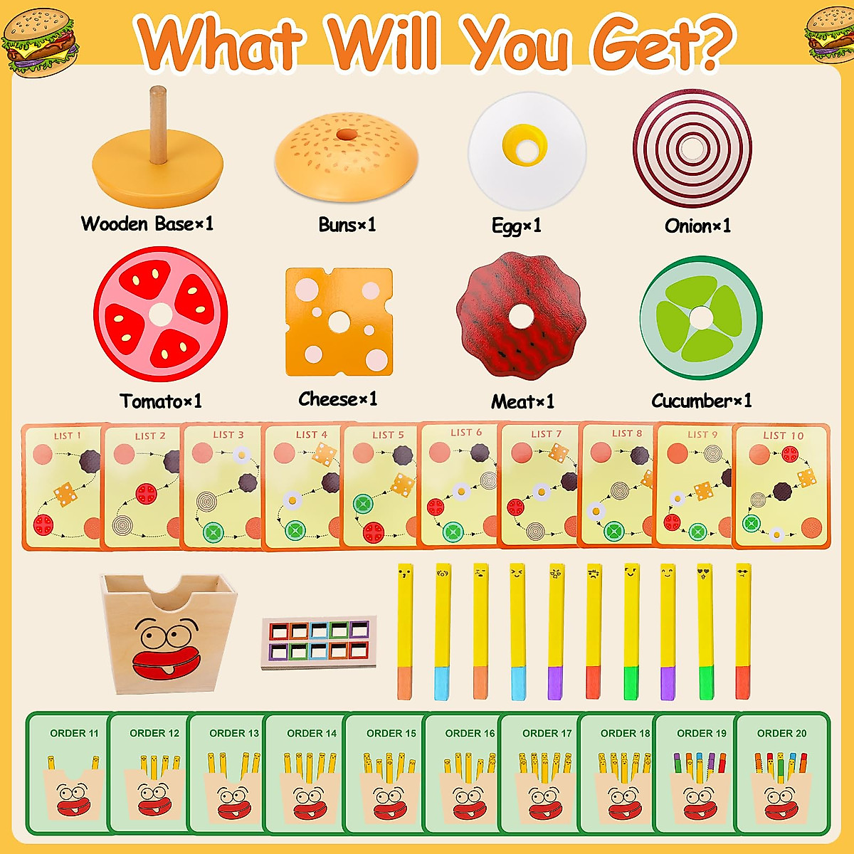 Montessori Toys for 2 3 4 5 Year Old, Wooden Burger Stacking Toys and French Fries Matching Games, Educational Fine Motor Toys for Toddlers Preschool Learning Pretend Play Food for Kid Boy Girl Gift