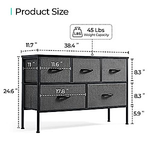 LINSY HOME 5 Drawer Dresser Long Wide Chest of Drawers Nightstand with Wood Top Rustic Storage Tower Storage Dresser Closet for Living Room, Bedroom, Hallway, Nursery, Kid