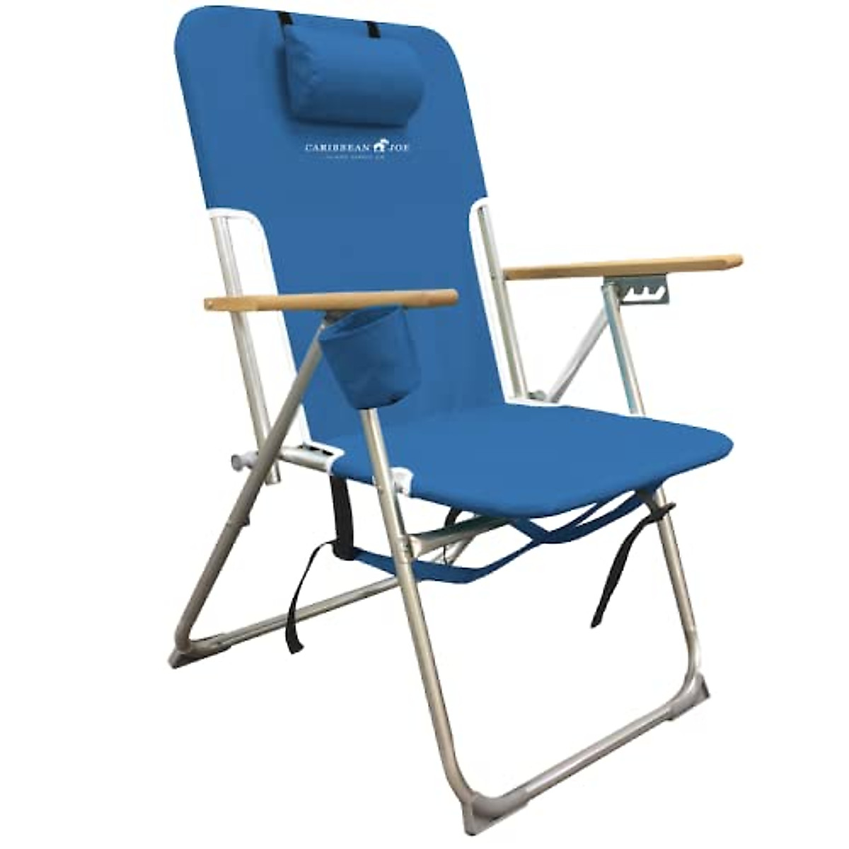 Caribbean Joe Folding Beach Chair, 4 Position Portable Backpack Foldable Camping Chair with Headrest, Cup Holder, and Wooden Armrests, Blue