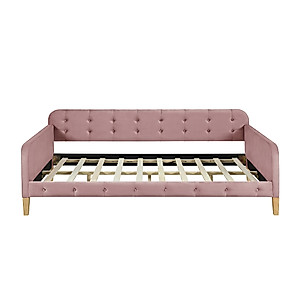 OUYESSIR Twin Size Upholstered Daybed, Comfy Wooden Velvet Fabric Day Bed Frame with Tufted Button for Kids Adults Boys Girls, Pink
