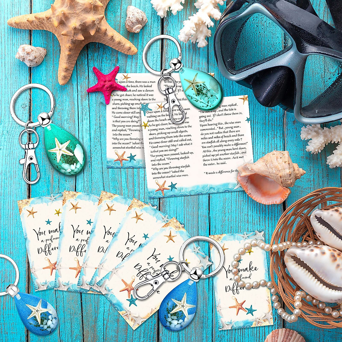 Eaasty 30 Pcs Starfish Story Gift Mini Keepsake Appreciation Notecards Employee Appreciation Starfish Keychain Cards Envelopes You Make a Difference Thank you Gifts Set for Teacher Students Colleague