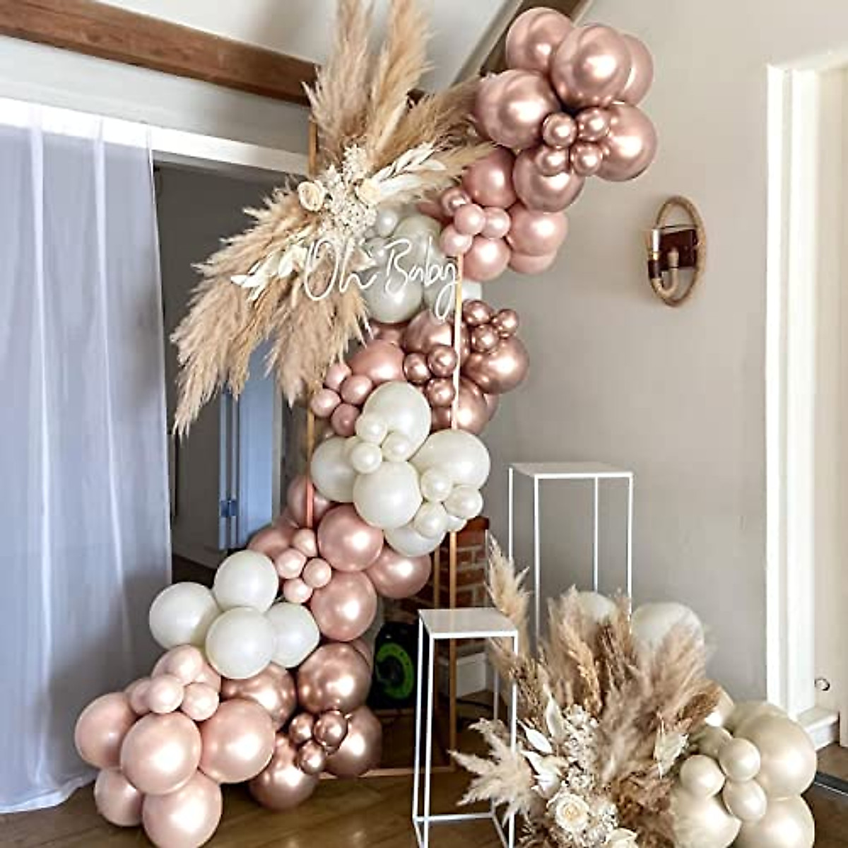 Futureferry Pearl Pink and Ivory White Balloon Garland Kit 134Pcs Double Stuffed Pearl and Metallic Champagne Gold Balloons for Baby Shower Birthday Wedding Engagements Anniversary Party Decoration