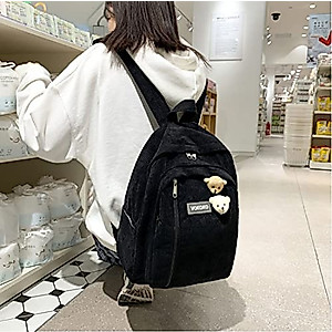 MBVBN Stripe Cute Corduroy Backpack Student Shoulder Bag with 3D Bear Pendant (Black) Medium
