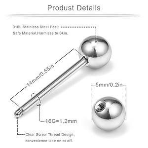 Ruifan 16G 9/16Inch AB Colorful & Clear Crystal Ball Nipple Tongue Shield Ring & Stainless Steel Straight Barbell Body Piercing Jewelry Retainer 6PCS