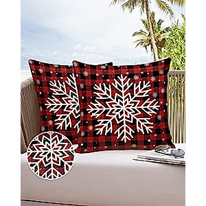 Outdoor Waterproof Throw Pillow Covers Set of 2,Christmas Snowflake Plaid Red Outdoor Pillow Covers Decorative Cushion Covers for Patio Funiture Garden,18 x 18 Inches,Winter Rustic Buffalo Checkered