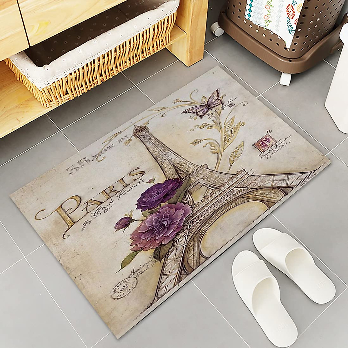 Kitchen Rugs, Eiffel Tower Paris Purple Flower Vintage Style Non Slip Long Runner Rug Mat for Floor, Kitchen, Bedside, Sink, Office, Laundry, Set of 2