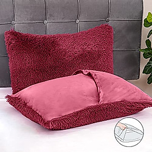 BLEUM CADE Fluffy Plush Duvet Cover Set Queen Size, Luxury Ultra Soft Velvet Fuzzy Comforter Cover Bed Sets 4Pcs(1 Faux Fur Duvet Cover + 2 Pillow Cases + 1 Pillow Cover) Zipper Closure (Queen, Red)