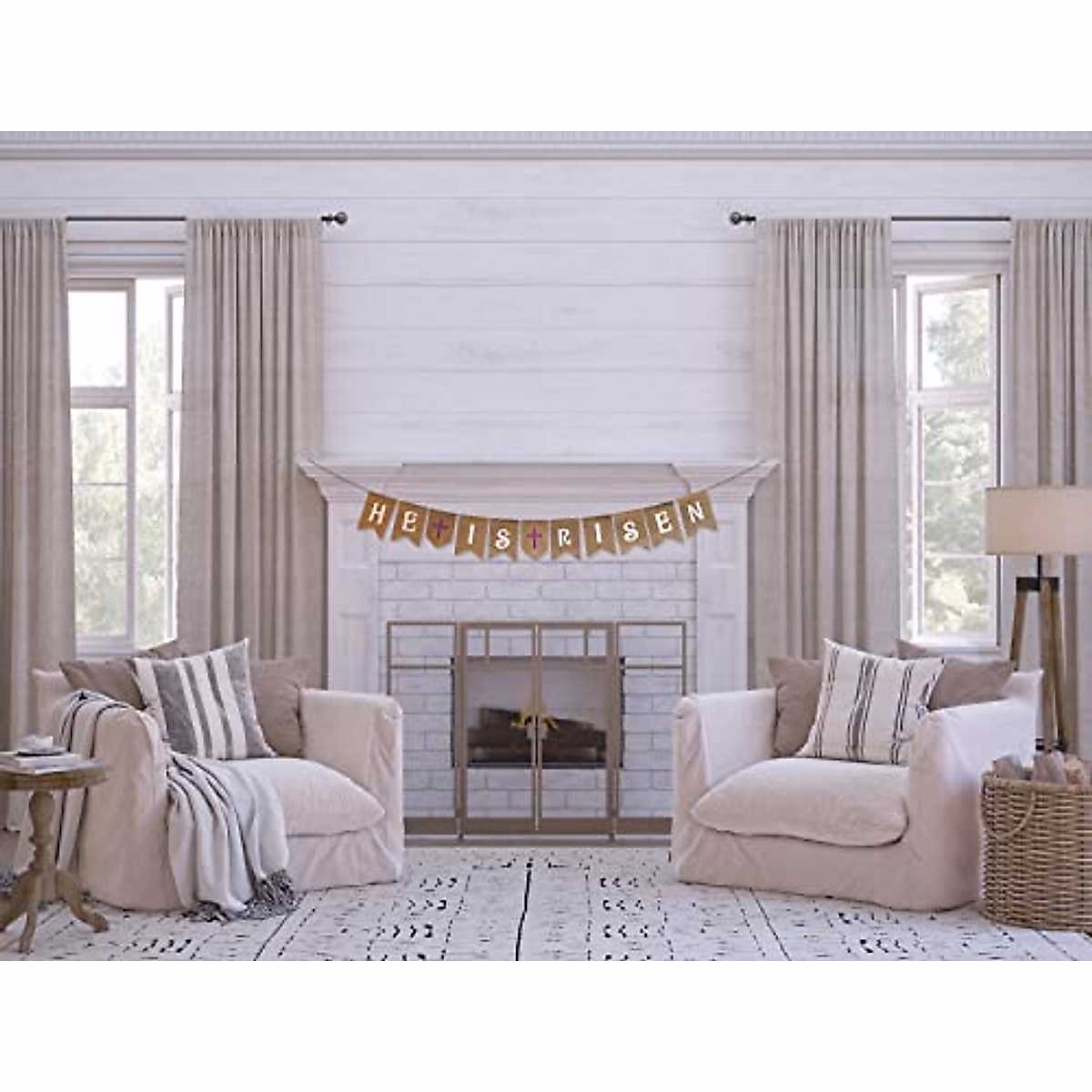 HE IS RISEN Burlap Banner - Easter Bunting Decoration with Crosses - Religious Holiday Bunting Wall Hanging - Ready to Hang Church Prop Decorations by Jolly Jon