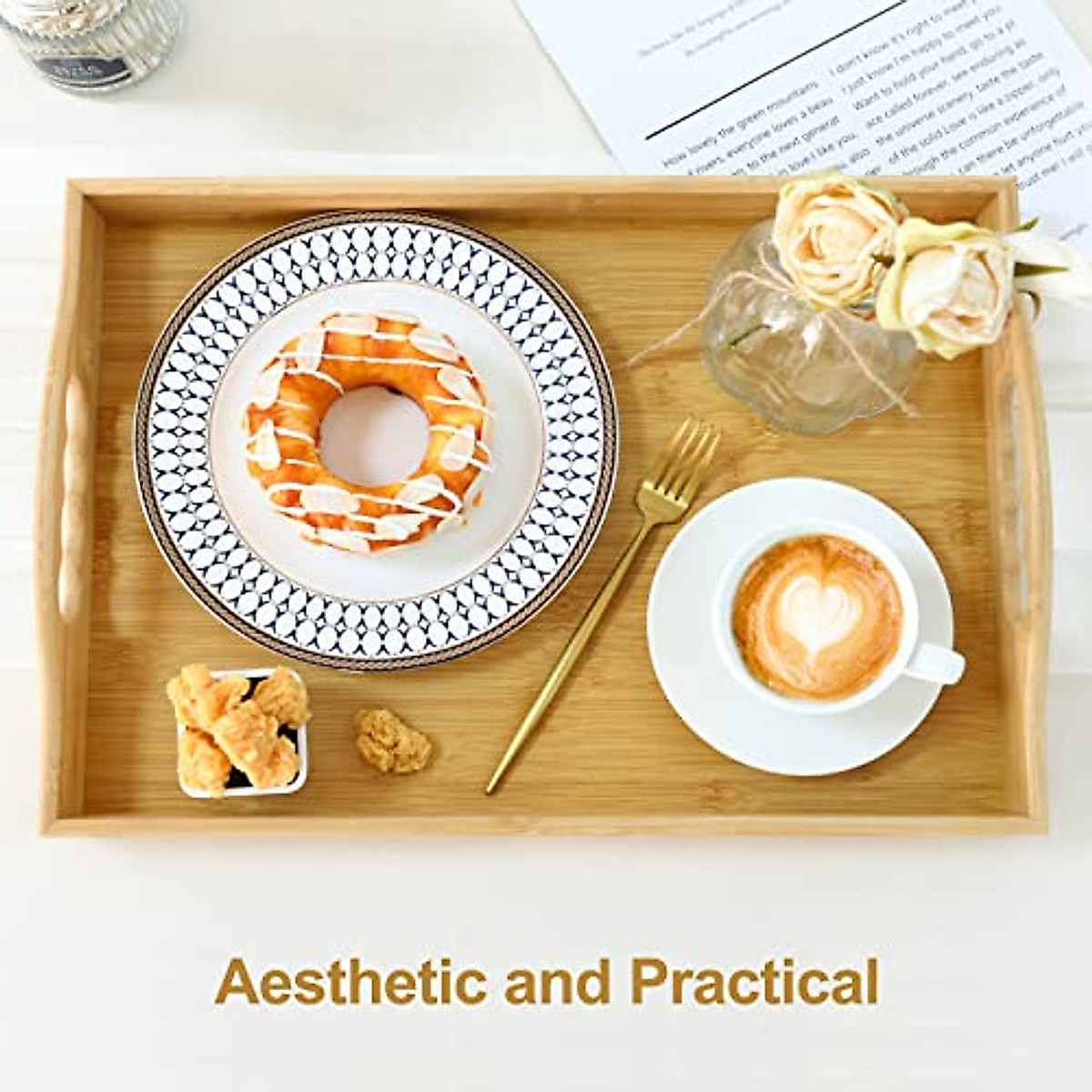 Moretoes 2pcs Serving Tray with Handles, Bamboo Tray for Eating Portable Tray Set for Bed Breakfast Dinner Home