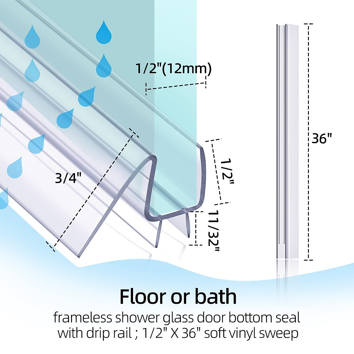 1 Pack Shower Door Bottom Seal POZIA-36(914mm) Long,1/2"(12mm) Thick,Frameless Glass Shower Door Seal Strip Clear Polycarbonate Durable Stop Shower Leaks and Create a Water Barrier Ultra Clear