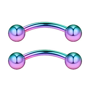 Ruifan 3PRS 16G 3/8" (10MM) Stainless Steel 3mm CZ/Gems/Ball Curved Barbell Eyebrow Tragus Lip Belly Ring Piercing Jewelry - Rainbow