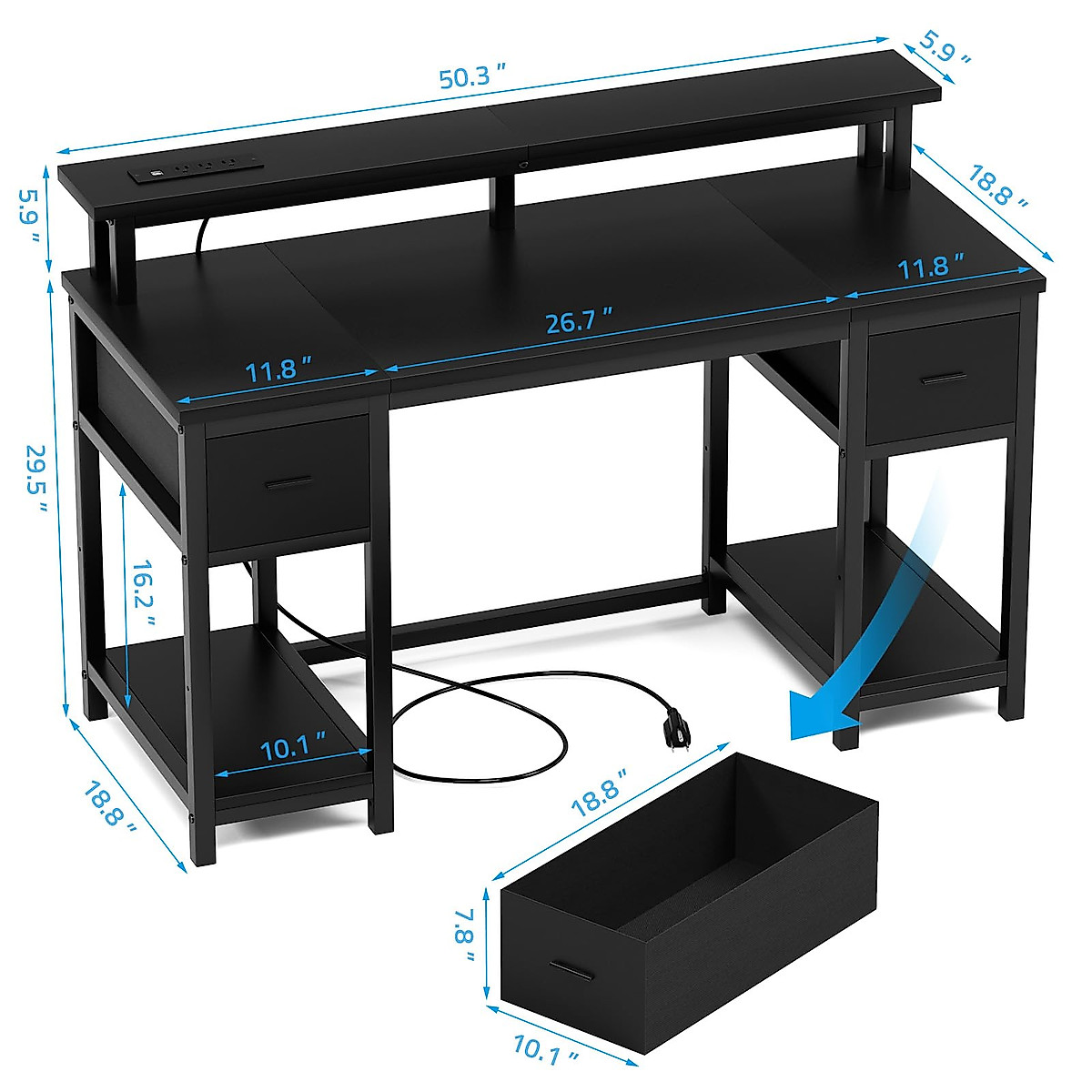 GreenForest Computer Desk 50 Inch with Monitor Stand and LED Lights, Gaming Desk with 2 Fabric Drawers and Power Outlets, Office Desk with Shelves, Black