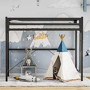 AOVSA Metal Loft Bed Twin Size with 2 Ladders, Junior Metal Twin Over Loft Bunk Bed with Safety Guard for Adults Teens/Space-Saving/Noise Free/No Box Spring Needed - Black