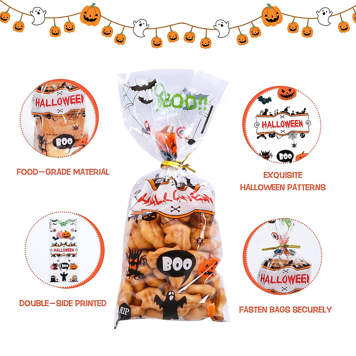 TOEKSIX Halloween Cellophane Treat Bags, 180pcs Halloween Trick or Treat Goodie Bags with 200pcs Gold Twists for Snacks Cookies Candies Packing, Skeleton Man Halloween Candy Bags Party Favor Supplies
