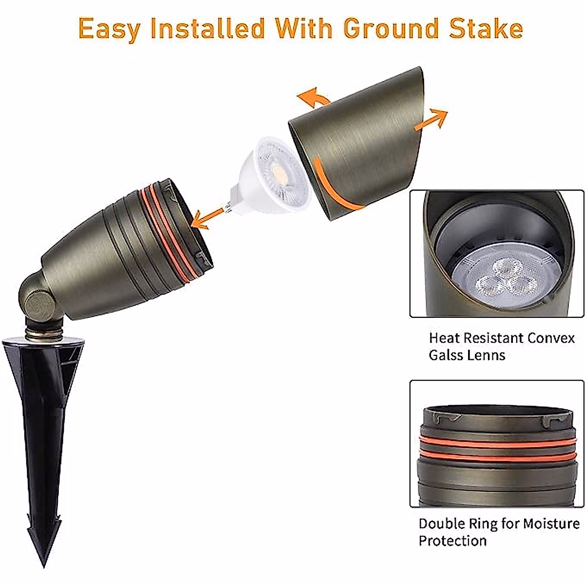 CINOTON Low Voltage Landscape Spotlights Outdoor, Solid Brass Directional Uplights Included MR16 LED Bulb Ground Stake Spot Up Landscape Lighting Fixture for Garden Patio