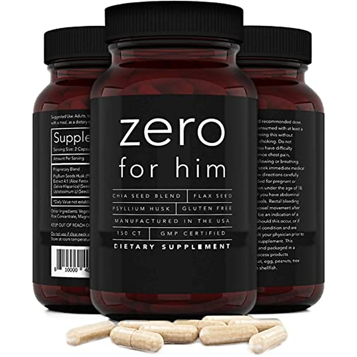 Zero for Him Dietary Fiber Supplement for Men (150caps) Strong Vegan Fiber Pills, Psyllium Husk, Flax Seeds and Chia Seeds Pure Supplement for Digestive Health, Men Seeking Clean and Fun Night