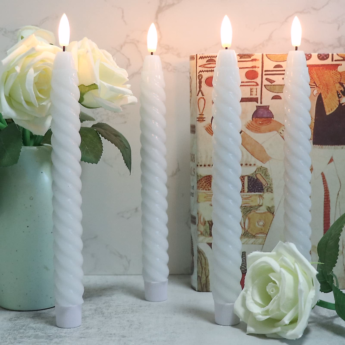 Lasumora Flameless Taper Candles Flickering with Remote Timer, LED Taper Candles Battery Operated Warm 3D Wick Spiral Window Candles 6 Pack Real Wax Wedding Home Birthday Christmas Decor 9.8" White