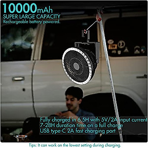 YONHISDAT Portable Camping Fan for Tents, 10000mAh Rechargeable Battery Fan, 8-inch Tent Fan with Foldable Handle for Camping Hiking Traveling