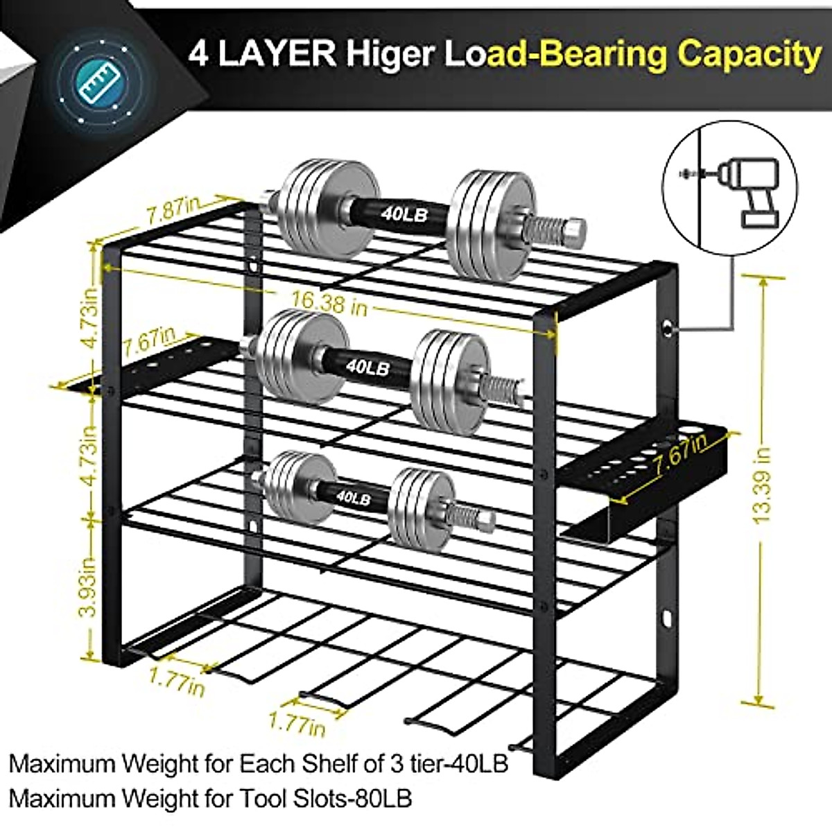 EAXCK Power Tool Organizer, Garage Tool Storage, Drill Holder Wall Mount, Heavy Duty Metal Tool Shelf Cordless Drill Workshop Rack 4 Layers with Screwdriver Holder, Father's Gift