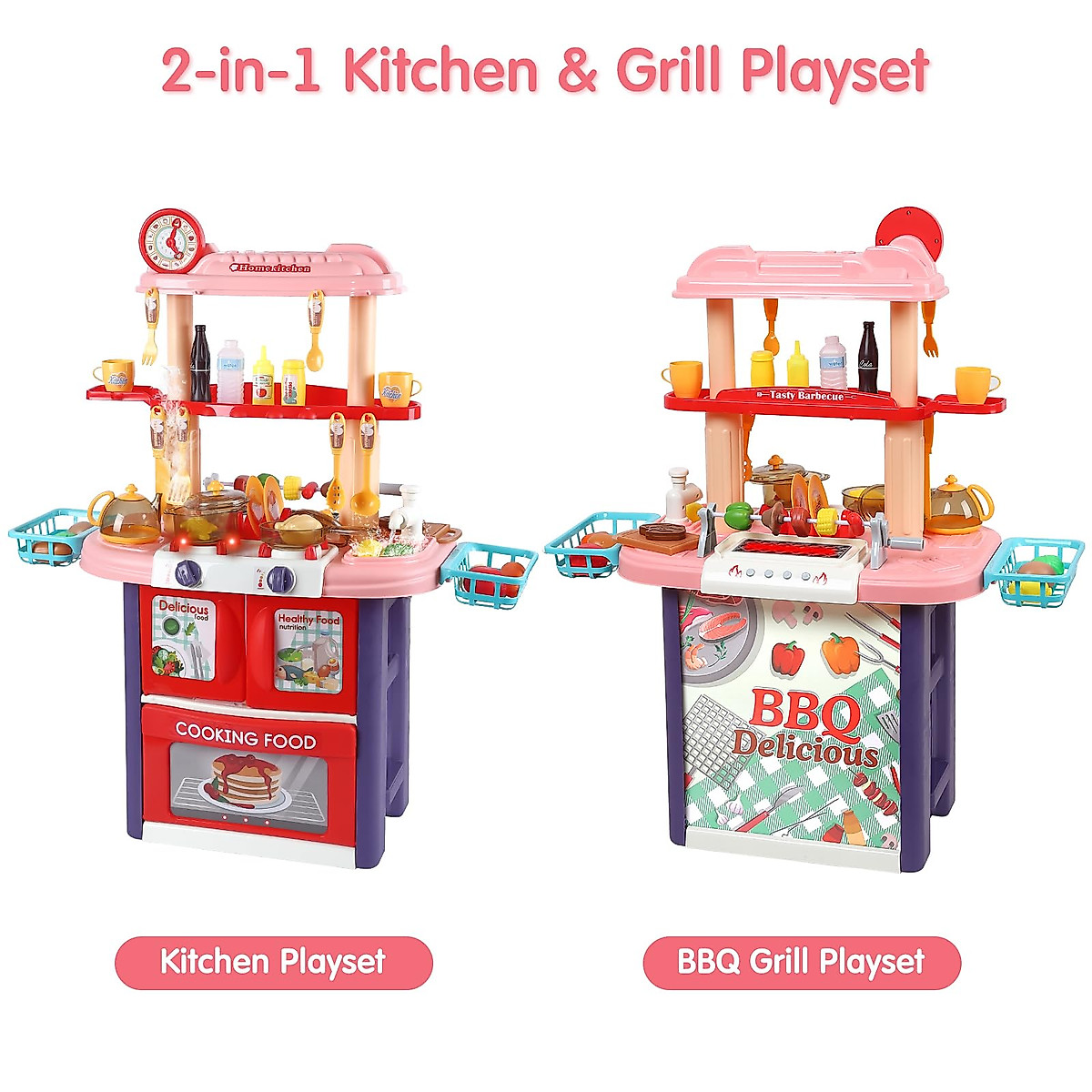 2 in 1 Kids Kitchen Playset & BBQ Grill Set, Toddler Play Kitchen with Realistic Light Sound Steam & Play Sink