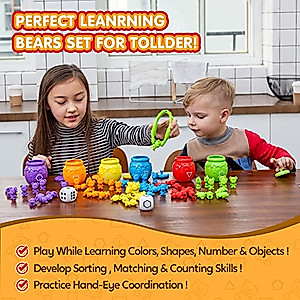 JOYIN Rainbow Counting Bears with Matching Sorting Cups - 83 Pcs Set Learning Toys for Kids Age 3+, Number Sorting, Color Recognition, Tweezers, Dice, Instruction Book, Educational Sensory Toy Gift