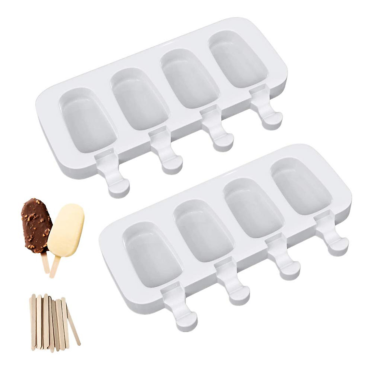 Ouddy Life Popsicle Molds Set of 2, Ice Pop Molds Silicone 4 Cavities Ice Cream Mold Oval Cake Pop Mold with 50 Wooden Sticks for DIY Popsicle, Clear