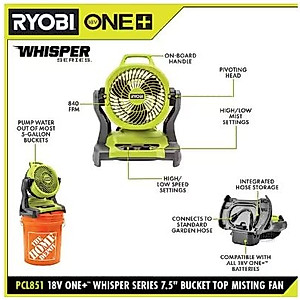 Ryobi ONE+ 18V Cordless 7-1/2 in. Bucket Top Misting Fan Kit with 1.5 Ah Battery and Charger