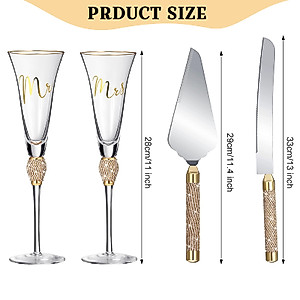 Boao 4 Piece Wedding Toasting Flutes and Cake Server Set Wedding Reception Supplies Champagne Glasses Cake Knife Pie Server (Gold)