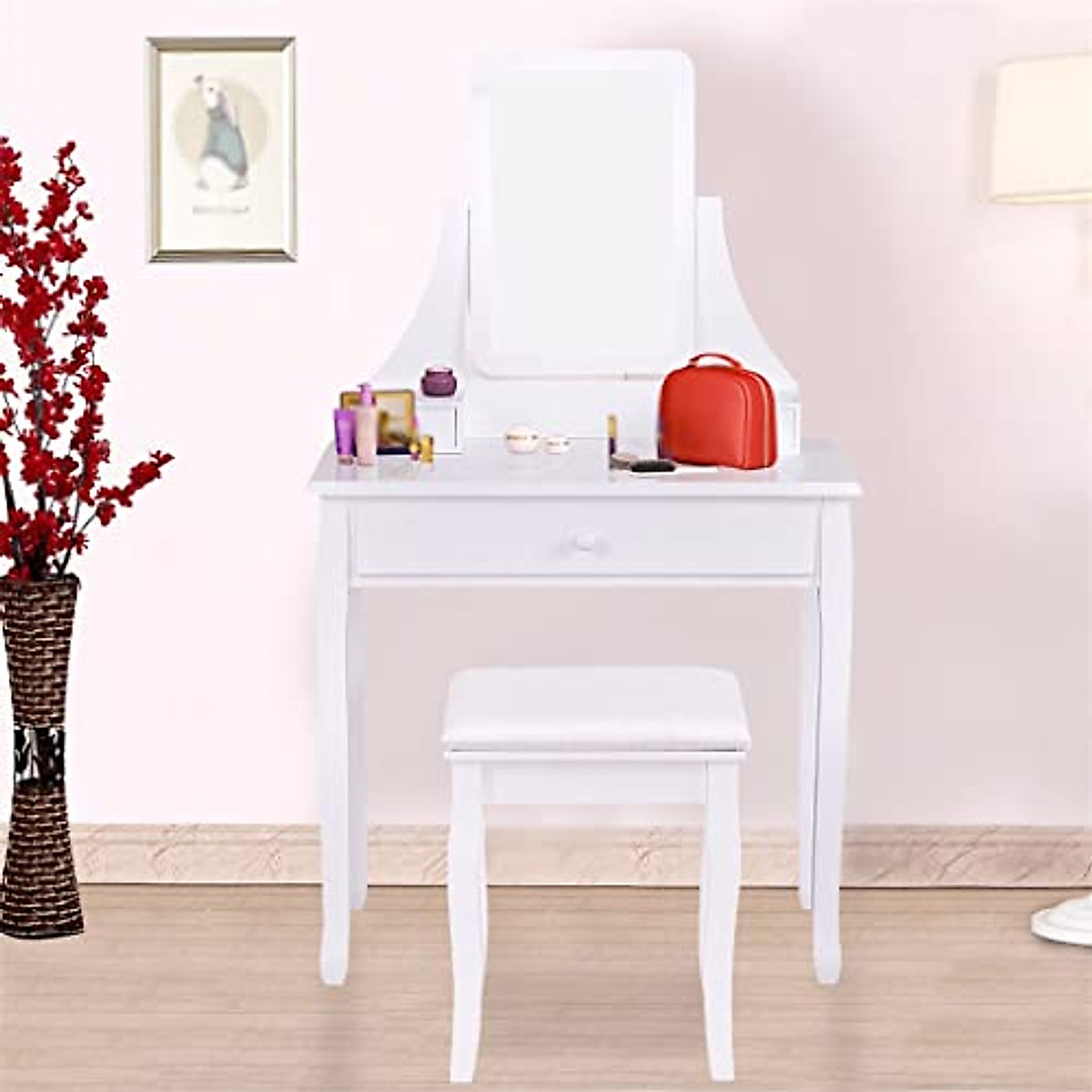 SDGH White Makeup Dresser Dresser Desk Chair Set with Square and 3 Drawer Dresser Dresser