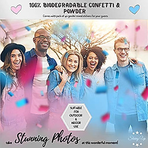 Gender Reveal Confetti Powder Cannon - 2 Blue & 2 Pink Poppers - Gender Reveal Party Supplies - Smoke Powder & Confetti Sticks Cannons - Gender Reveal Stickers 40pcs (20 Girl 20 Boy)