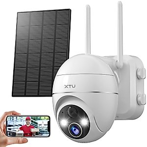 XTU Security Camera Outdoor, 2K Wireless WiFi 360° PTZ Camera, Solar Security Camera Battery Powered, Home Surveillance Camera with Spotlight & Siren/Motion Detection/3MP Color Night Vision/IP66.