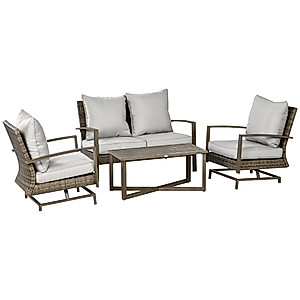 Outsunny 4 Piece Wicker Patio Furniture Set with 2 Rocking Chairs, Loveseat Sofa, Outdoor PE Rattan Conversation Set with Cushions, Aluminum Table for Porch, Poolside, Light Gray