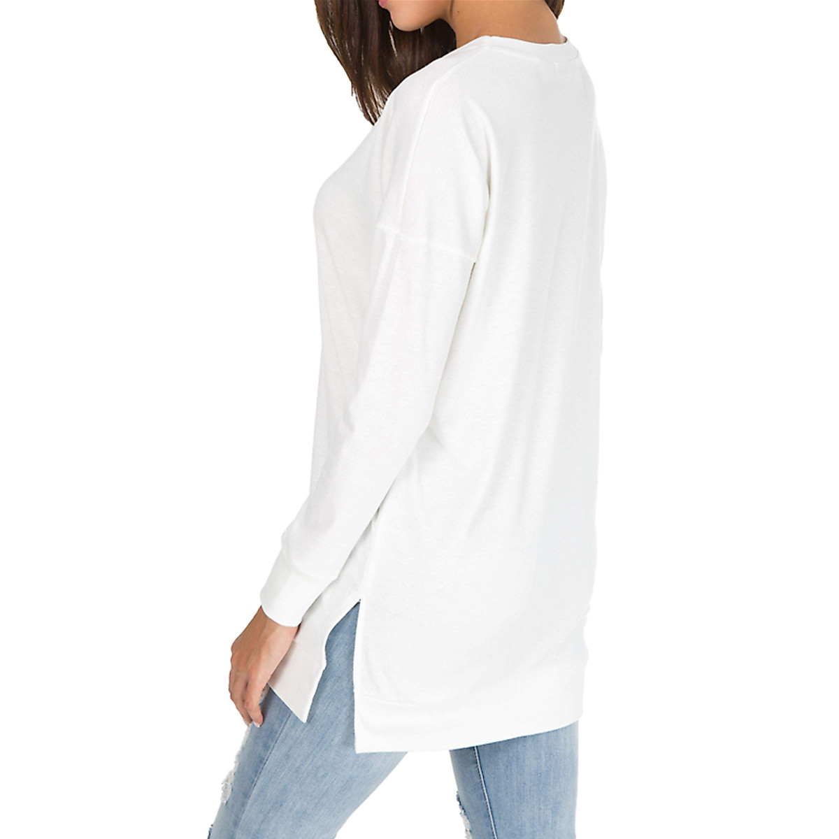 levaca Womens Fall Long Sleeve Sweatshirt Side Split Loose Casual Tunic Tops White XL