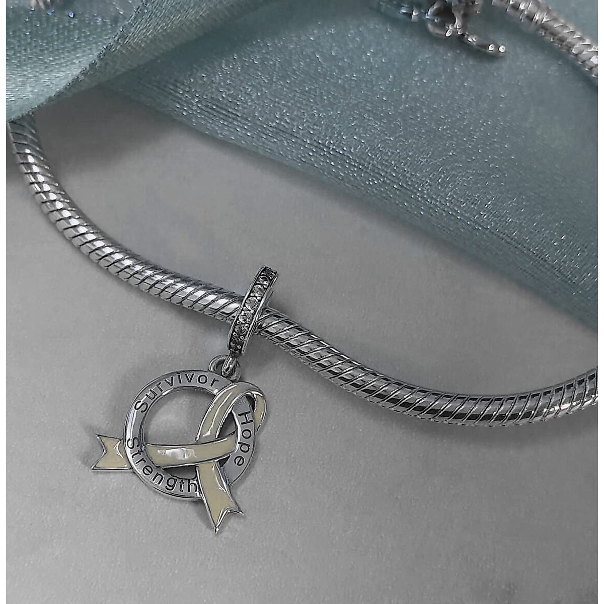 Cancer Ribbon Love Hope Strength 925 Sterling Silver Charms Beads Pendants for Pandora Bracelets & Necklaces Etc