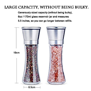 KOKO Glass Salt and Pepper Grinders with Spare 2 Ceramic Cores & Cleaning Brush- Tall Glass Body and 304 Stainless Steel with Adjustable Non-Corrosive Creamic Salt and Pepper Grinder Mill Set