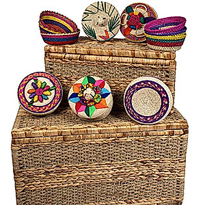 2-Pack Genuine Mexican Handwoven Tortilla Basket | Fiesta Mexican Tortilla Warmer |Tortilla Holder |Tortillero | Palm Straw Baskets Handmade in Mexico | Mexican Bowls (1, Floral)