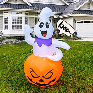 5 FT Halloween Inflatables Outdoor Decorations Ghost Pumpkin Decor with LED Lights and Air Pump Blow up Inflatable Clearance Halloween Decor Outside Garden Lawn Yard House