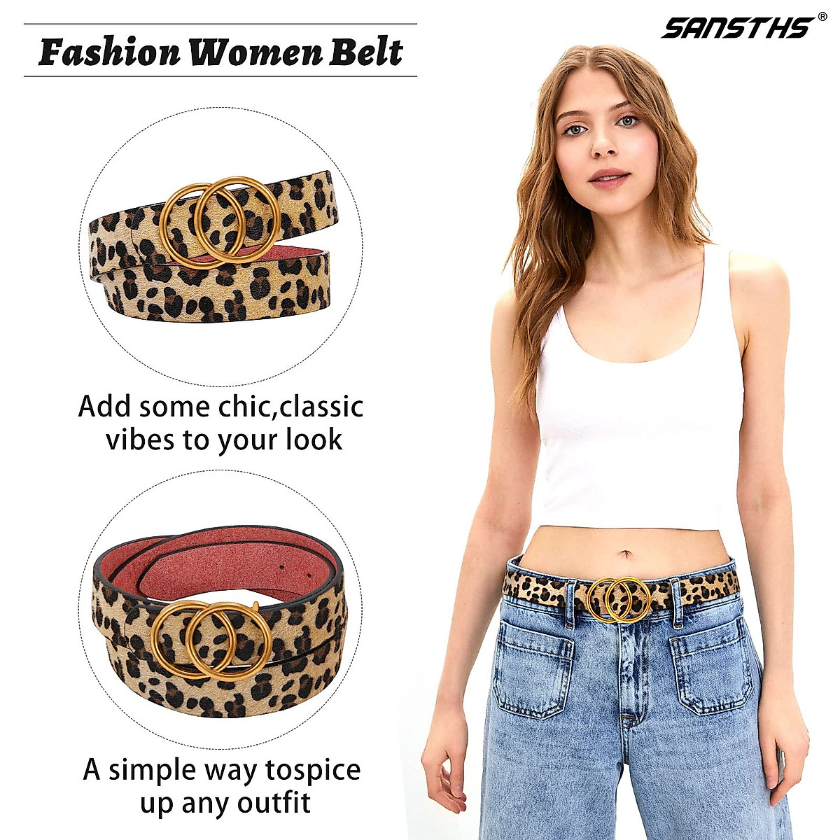 SANSTHS Womens Leopard Belt with Removable Gold Double Ring Buckle for Jeans, M