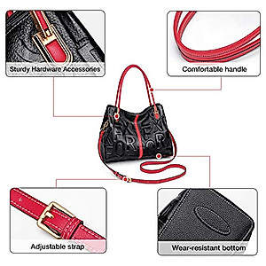 Leather Satchel Handbags for Women, Genuine Leather Alphabet Signature Pattern Ladies Top-handle Bags Womens Real Leather Tote Purses and Handbags Women's Shoulder Shopper Girls Large Carryall (Black)