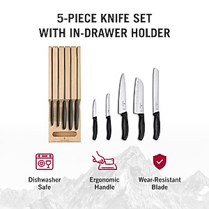 Victorinox Swiss Classic In-Drawer Knife Holder & Knife Set - Includes Knife Organizer, Bread Knife, Santoku Knife, Carving Knife, Paring Knife & Tomato & Table Knife - 6-Piece Set