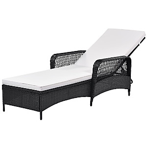 Outdoor Patio Pool PE Rattan Wicker Chair Wicker Sun Lounger, Adjustable backrest, Beige Cushion, Black wiker (1)