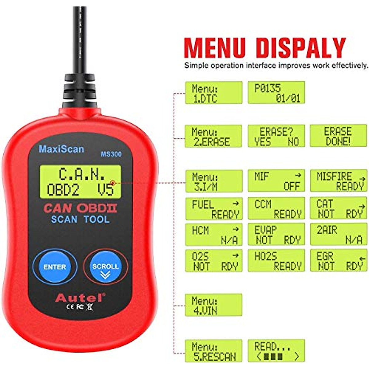 Autel MS300 OBD2 Scanner Code Reader, Turn Off Check Engine Light, Read & Erase Fault Codes, Check Emission Monitor Status CAN Diagnostic Scan Tool
