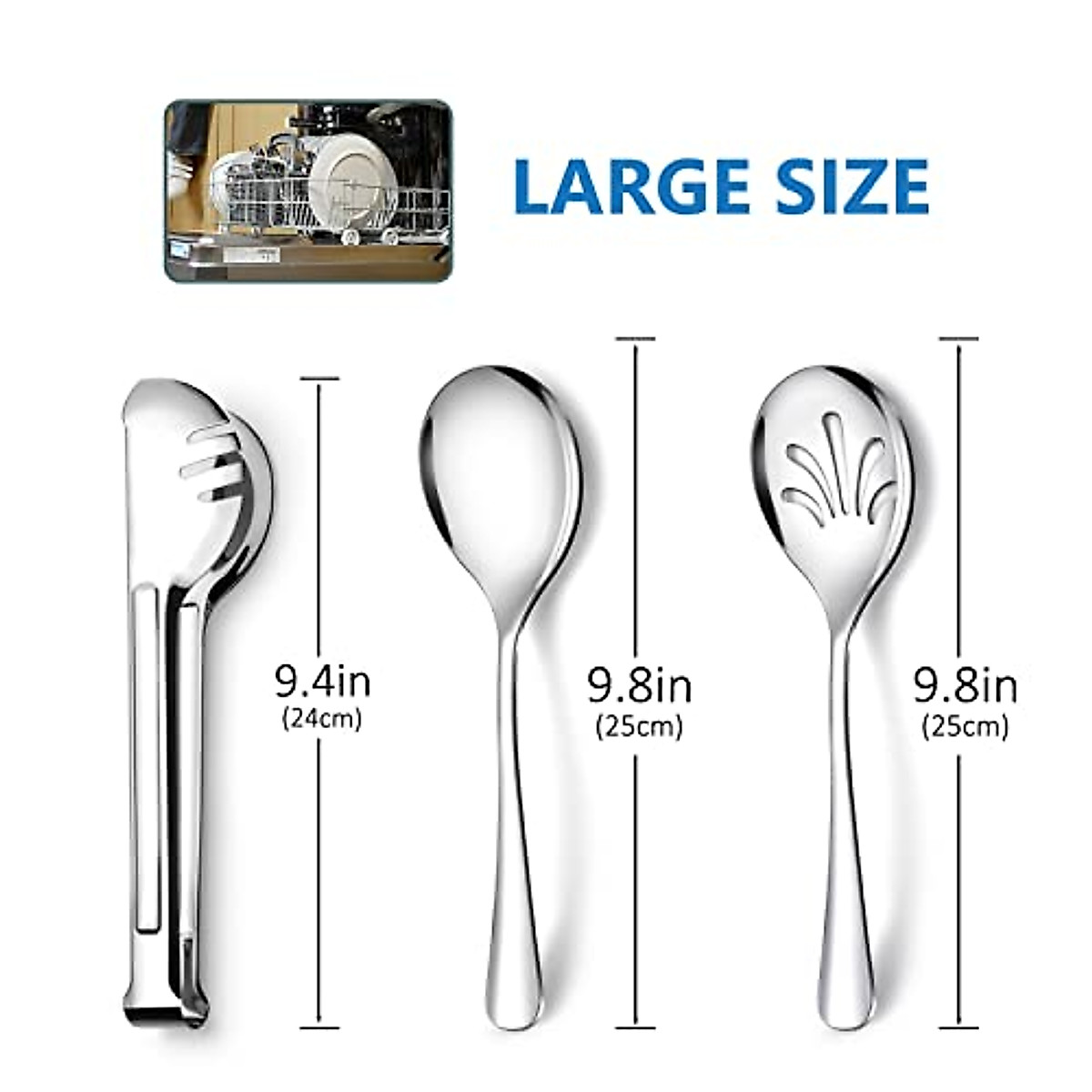 Stainless Steel Metal Serving Utensils - Large Serving sets-10" Spoons, 10" Slotted Spoons and 9" Tongs by Teivio (Silver, Set of 12)