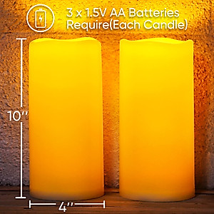 Homemory 10" x 4" Large Waterproof Outdoor Flameless Candles with Remote Control and Timer, Battery Operated Flickering LED Pillar Candles for Outdoor Larterns, Porch, Long Lasting, Set of 2