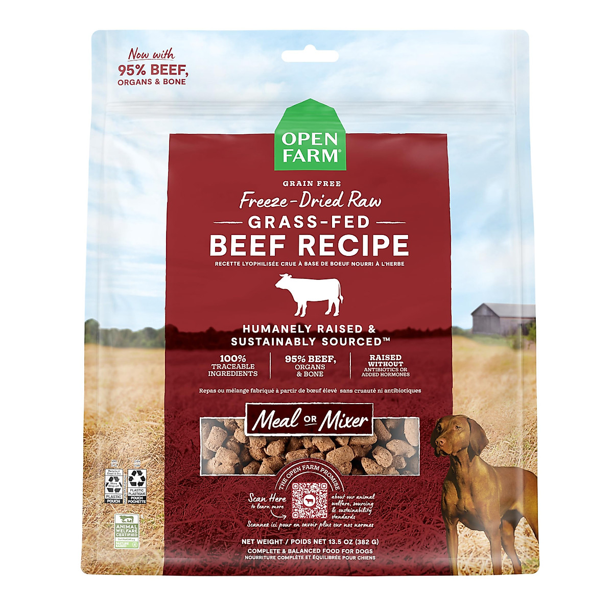 Open Farm Freeze Dried Raw Dog Food, Humanely Raised Meat Recipe with Non-GMO Superfoods and No Artificial Flavors or Preservatives (13.5 Ounce (Pack of 1), Grass Fed Beef Recipe)