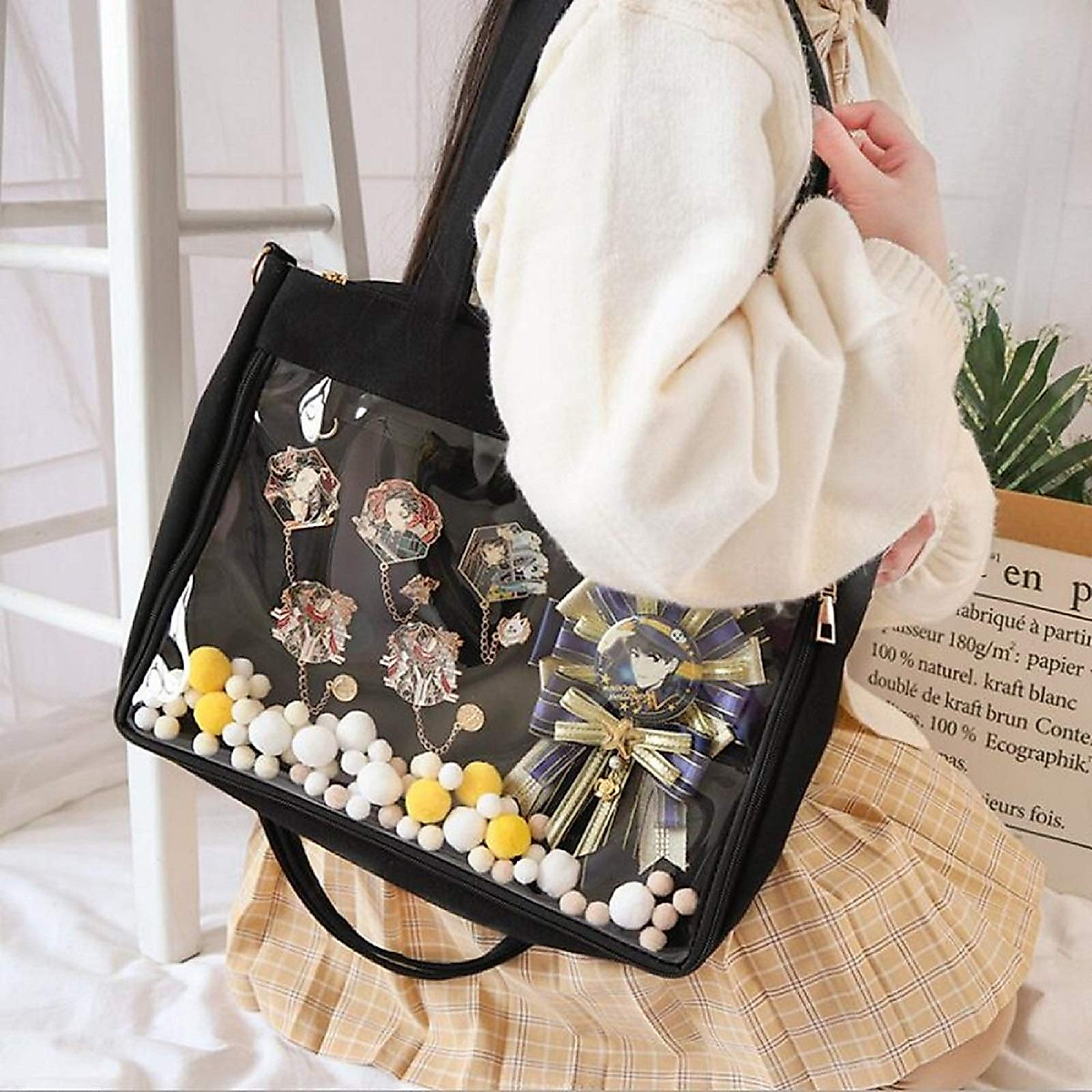 Japanese Harajuku Shoulder Bag Itabag Crossbody Transparent Handbag (Black) One_Size