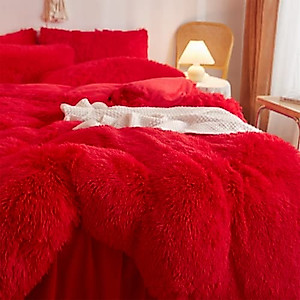 HAIHUA Fluffy red Comforter Cover Set Queen，Faux Fur red Bedding 3 Pieces(1 Plush Queen Duvet Cover +2 Faux Fur Pillowcases) Faux Fur red Bed Set (red, Queen)