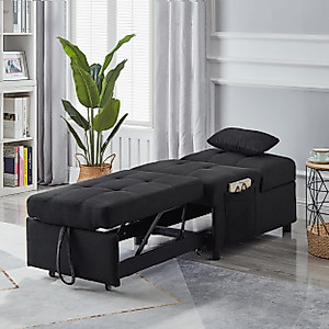 Pull Out Sleeper Chair Ottoman Bed Comfy Convertible Chair Bed Linen Fabric Futon with Storage Pocket Single Sofa Bed Small Recliners for Small Spaces Living Room Bedroom Apartment, Black