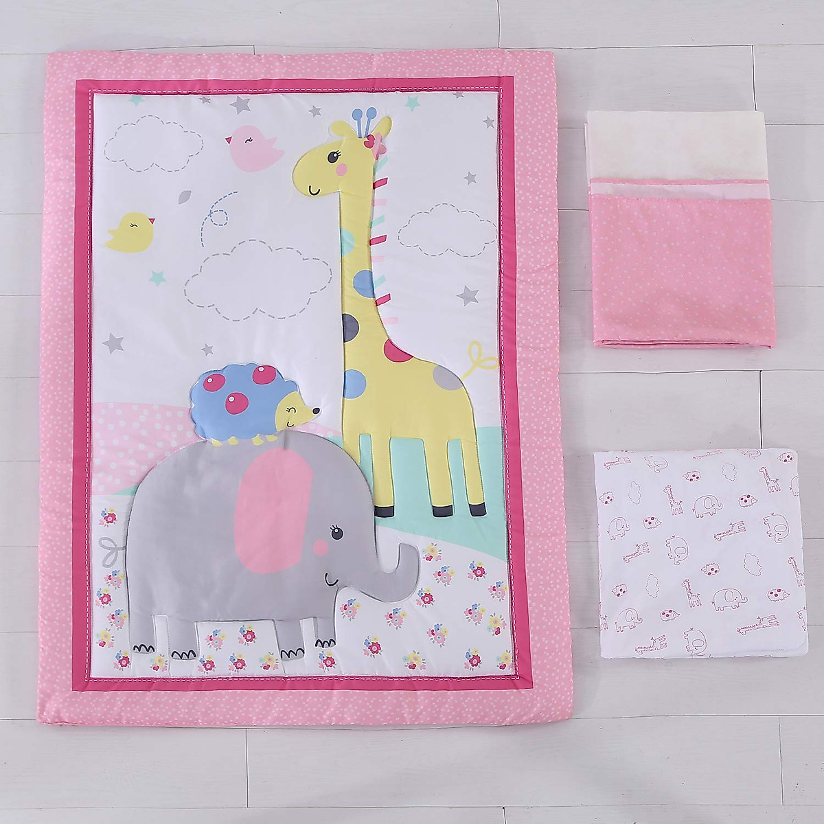 VIVILINEN Pink Elephant Crib Bedding Set for Girls 3 Pieces Giraffe Hedgehog Animals Infant Nursery Baby Crib Comforter Set with Crib Bed Blanket Quilt Fitted Sheet Skirt Set