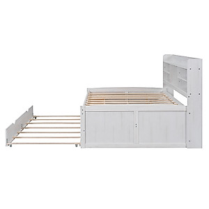 Harper & Bright Designs Full Size Daybed with Trundle and 3 Storage Drawers, Full Captains Bed with Built-in Bookshelves for Girls Boys,Wooden Daybed with Trundle Bed Twin,White Wash